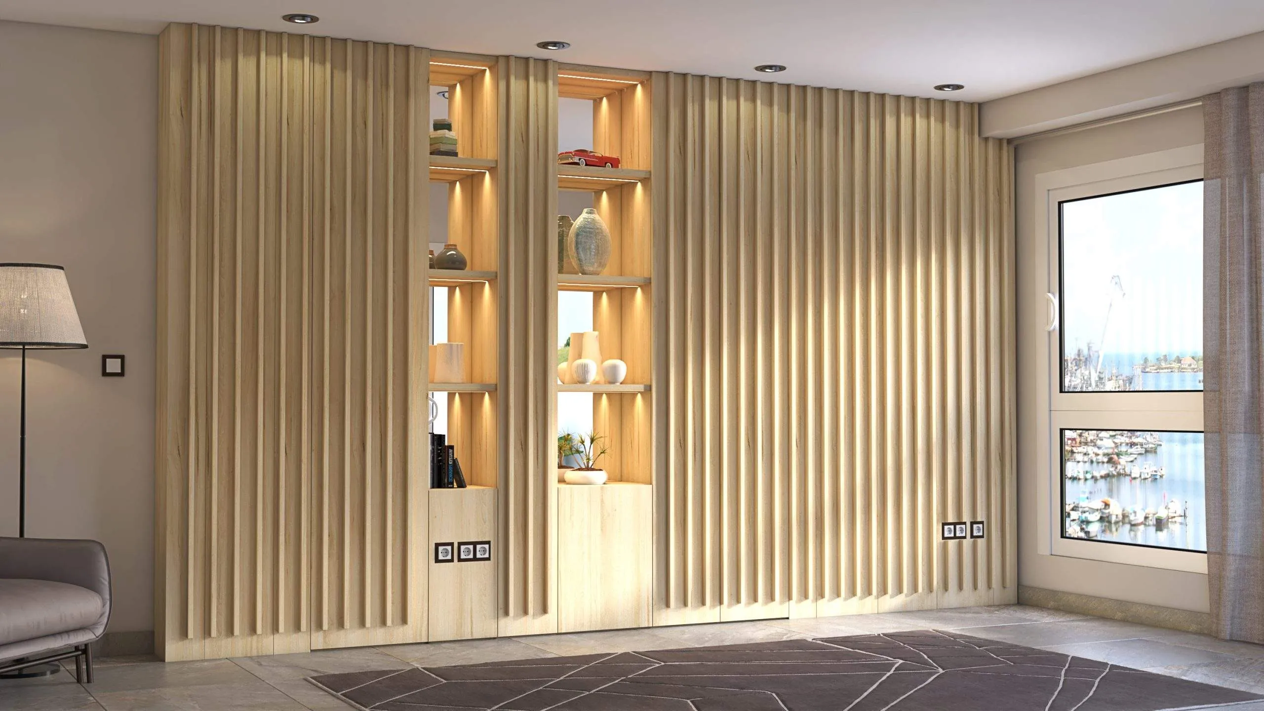 Ambiente TV + Librería con panelado e iluminación LED CL064 - ilumueble